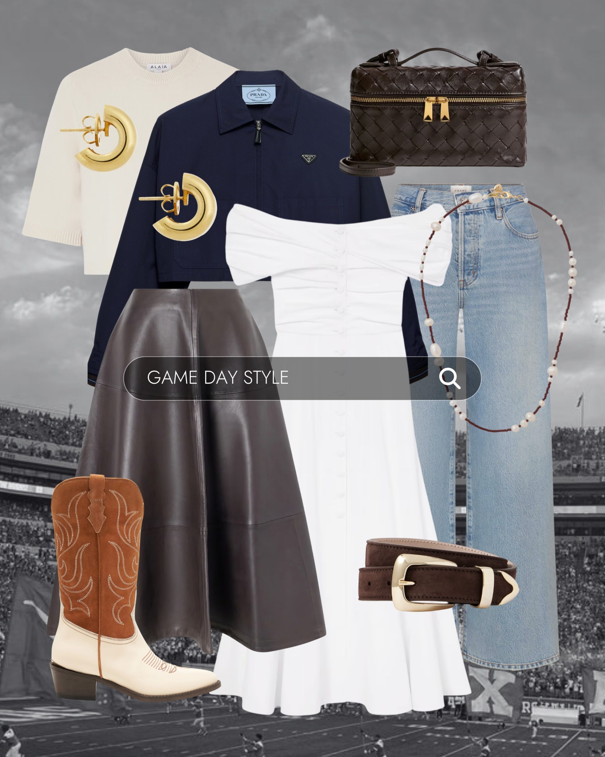 Game day fashion edit featuring Ala%C3%AFa knitwear%2C Prada jacket%2C Frame jeans and Western boots against a stadium backdrop