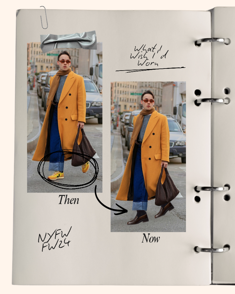 Model wearing a mustard double-breasted wool coat with blue cuffed jeans%2C brown leather loafers%2C and a matching brown tote bag for fall fashion