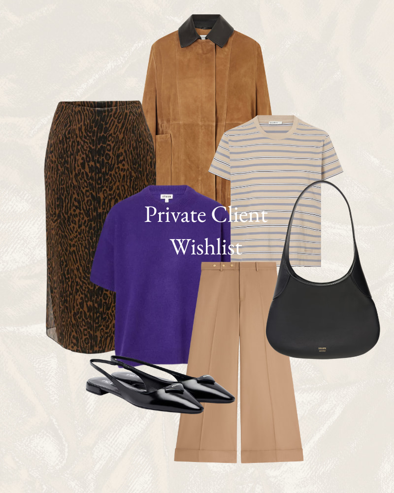 Suede brown coat layered over a purple oversized t-shirt%2C paired with beige wide-leg trousers%2C and sleek black slingback shoes.