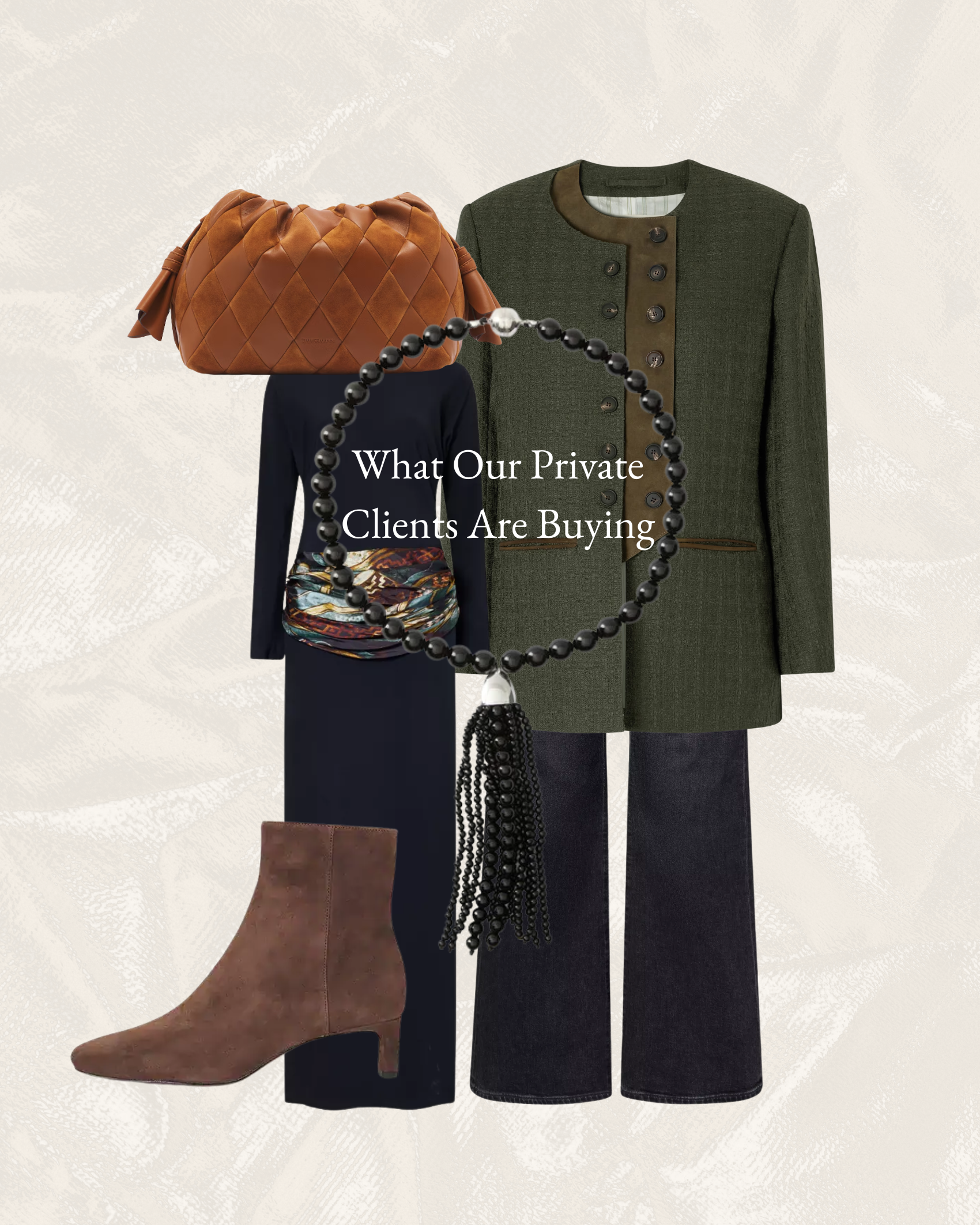 Brown suede ankle boots%2C black long-sleeve dress with patterned belt%2C olive green buttoned jacket%2C dark wide-leg jeans%2C tan woven leather bag%2C and black beaded tassel necklace