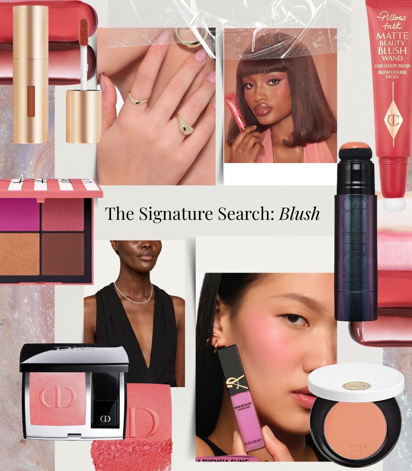 Collage of blush makeup products including Dior powder blush%2C Yves Saint Laurent liquid blush%2C Charlotte Tilbury matte beauty blush wand%2C and Hermes compact blush with models showcasing natural pink and peach blush looks