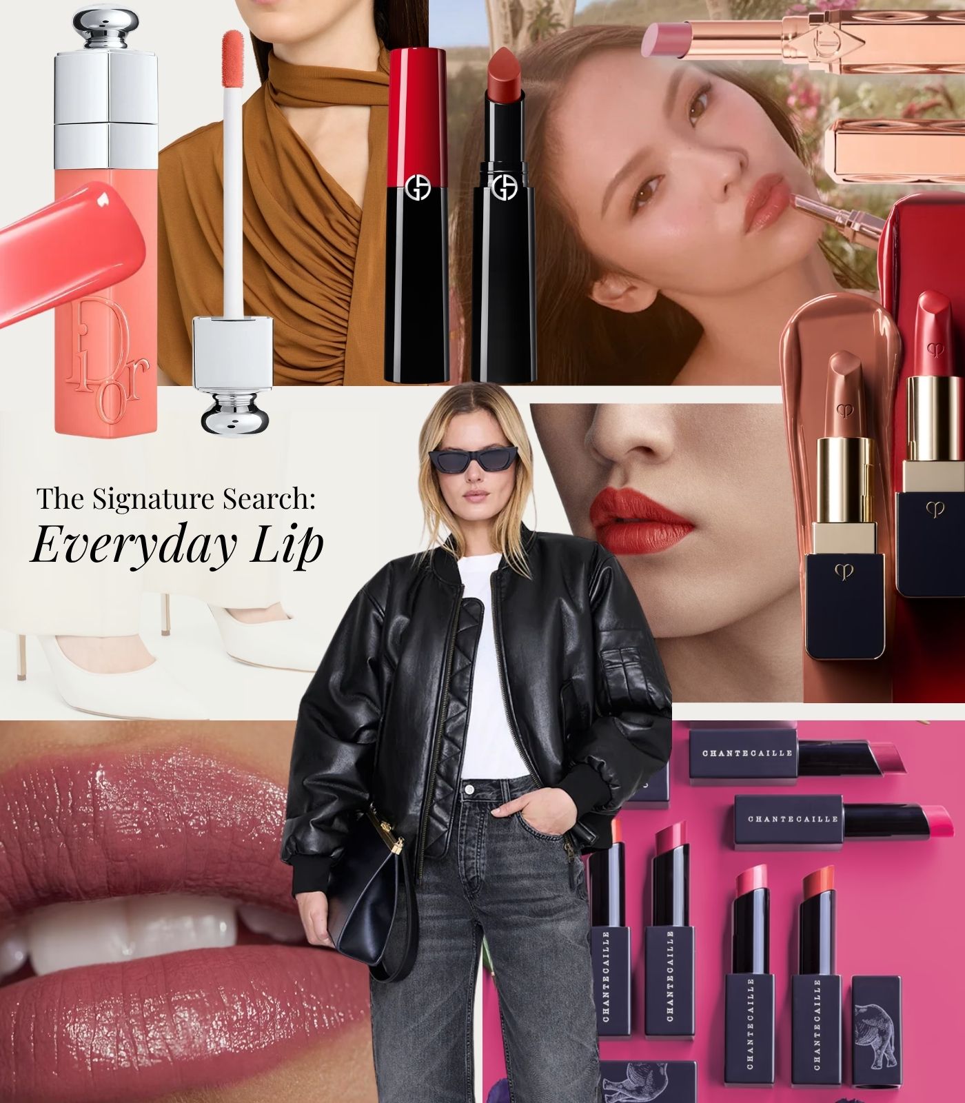 Collage featuring Dior coral lip gloss%2C Armani red lipstick%2C Cl%C3%A9 de Peau red and nude lipsticks%2C Chantecaille pink lipsticks%2C and a model in a black leather jacket and sunglasses showcasing everyday lip fashion
