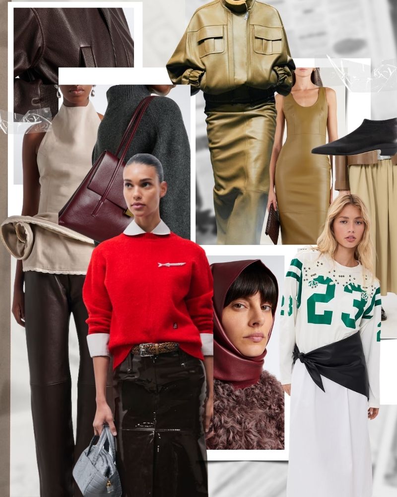 Collage featuring fall fashion with leather skirts%2C a red sweater with white collar%2C olive green leather jacket and dress%2C and sporty white dress with green numbers and black wrap belt