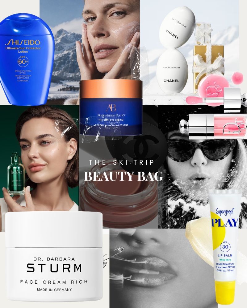 Collage of luxury skincare products including Shiseido SPF 60%2B sun protector%2C Augustinus Bader eye cream%2C Chanel hand cream%2C Dr. Barbara Sturm face cream%2C and Supergoop%21 SPF 30 lip balm for winter beauty care