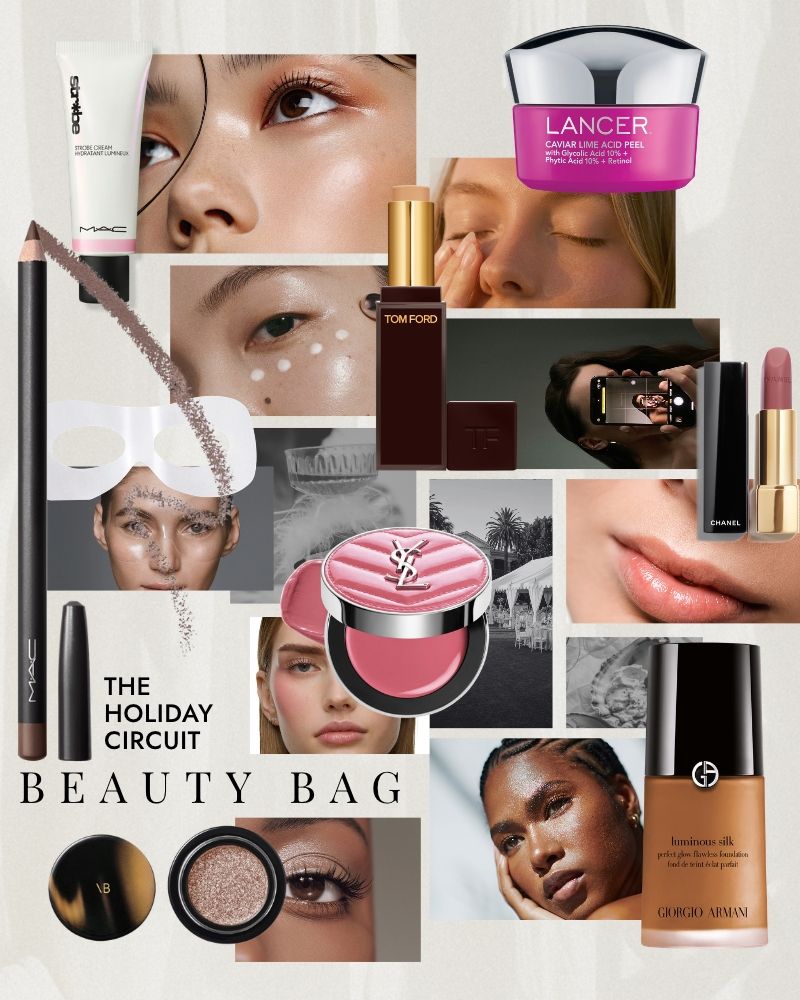 Collage of luxury beauty products including Tom Ford foundation%2C YSL blush%2C Chanel lipstick%2C MAC eyeliner%2C Lancer acid peel%2C and Giorgio Armani luminous silk foundation with close-up makeup looks