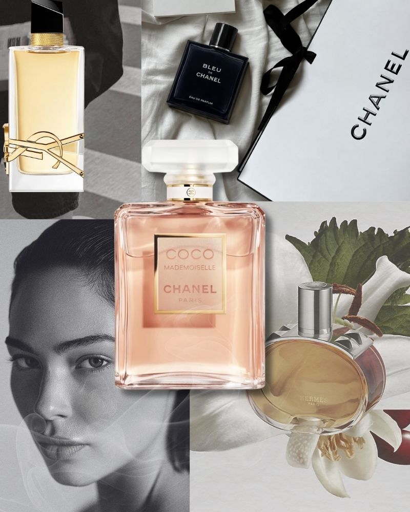 Chanel Coco Mademoiselle perfume with Bleu de Chanel and Herm%C3%A8s fragrances in an elegant beauty collage