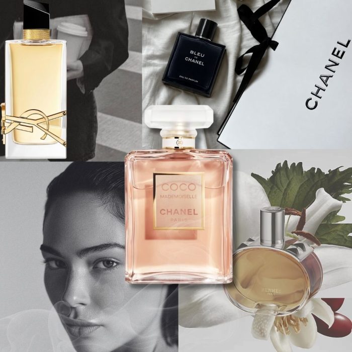 Chanel Coco Mademoiselle perfume with Bleu de Chanel and Hermès fragrances in an elegant beauty collage