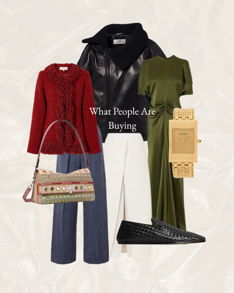 Chic fall style featuring a red textured jacket%2C black leather zip-up%2C olive green ruched dress%2C striped denim pants%2C and woven black loafers.