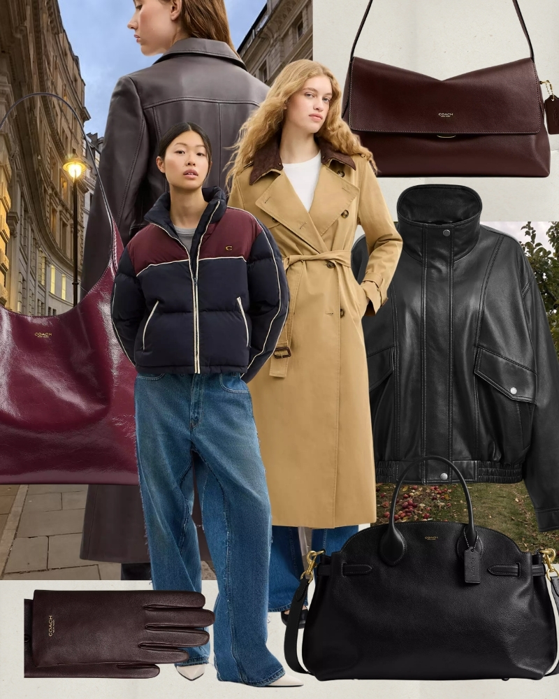 Coach fall fashion collage featuring a beige trench coat%2C leather jacket%2C puffer%2C jeans%2C handbags and gloves