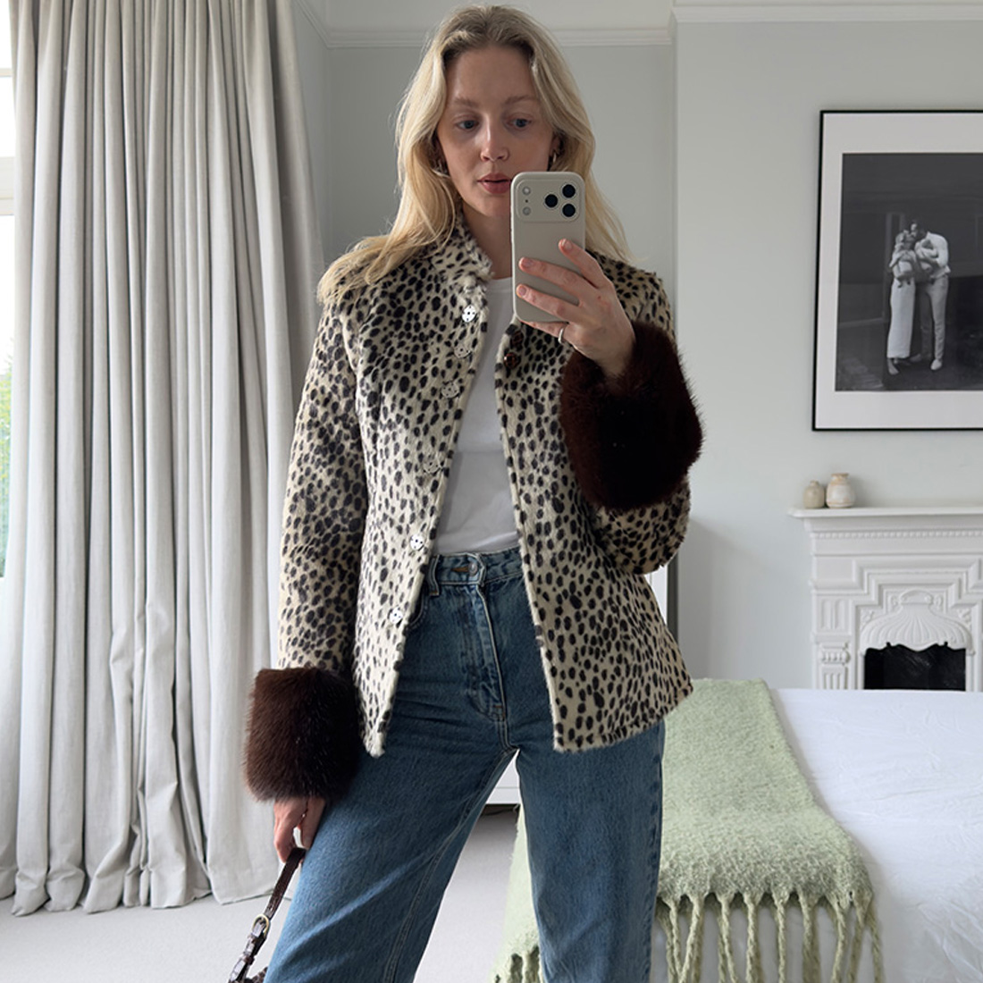 London fall fashion edit featuring leopard-print outerwear, suede handbags, black boots, Cartier watch and layered casual outfits