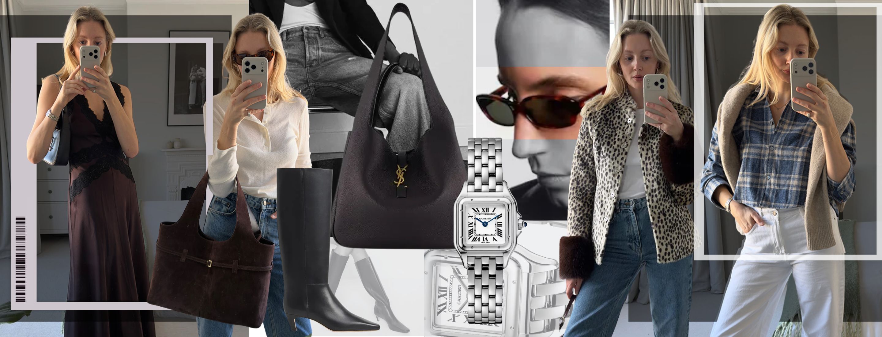 London fall fashion edit featuring leopard-print outerwear, suede handbags, black boots, Cartier watch and layered casual outfits
