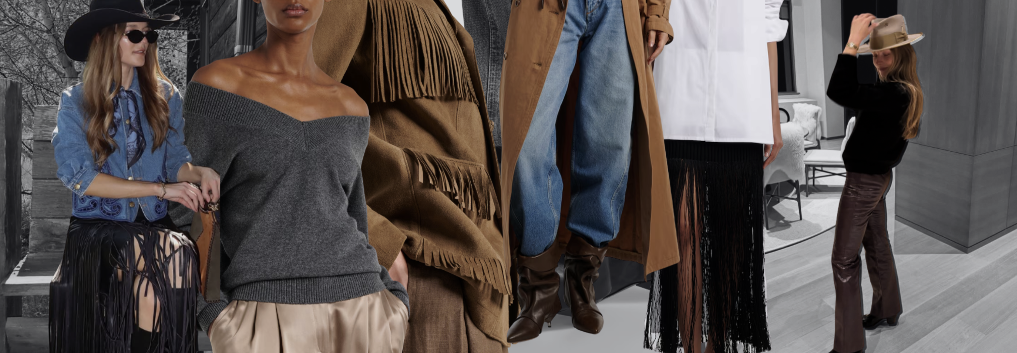Western-inspired fashion collage featuring fringe skirts, suede jackets, cowboy hats, denim, tall boots and tailored separates