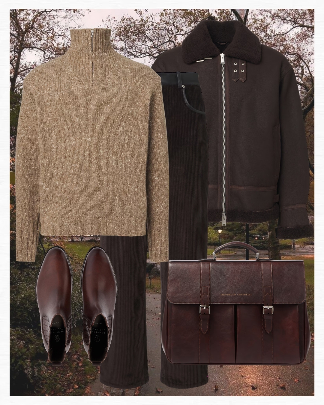Men%27s fall wardrobe featuring a beige zip sweater%2C brown shearling jacket%2C leather boots and Brunello Cucinelli briefcase