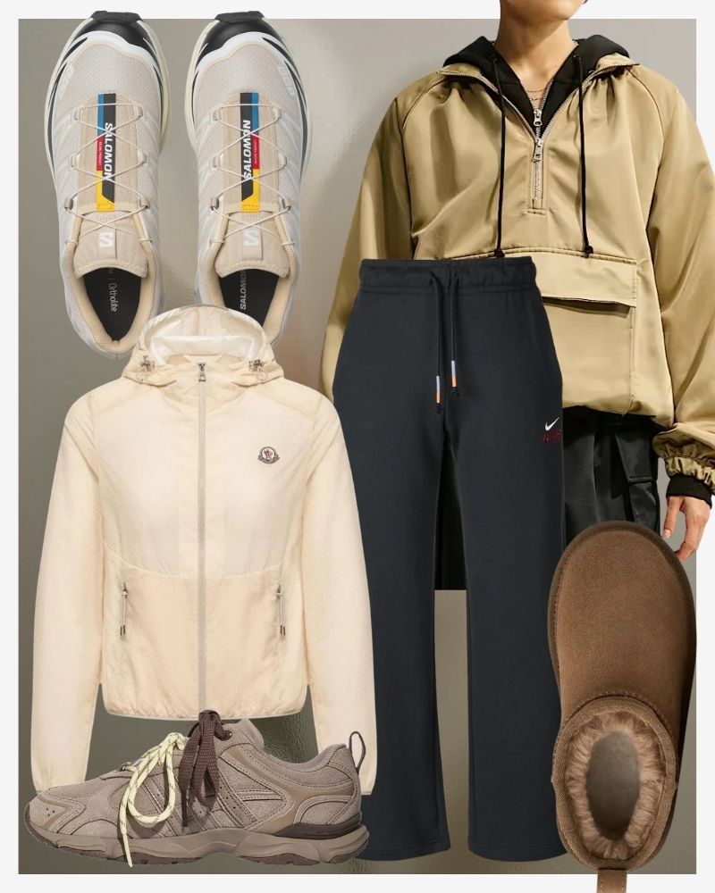 KICKS CREW athleisure edit featuring Salomon sneakers%2C Moncler windbreaker%2C Nike track pants%2C beige hoodie and suede shoes
