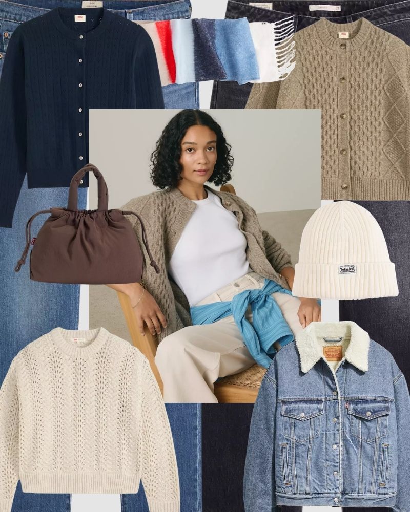 Levi%27s fall fashion collection featuring cable-knit cardigans%2C denim jeans%2C shearling jacket%2C red bag%2C and cozy accessories