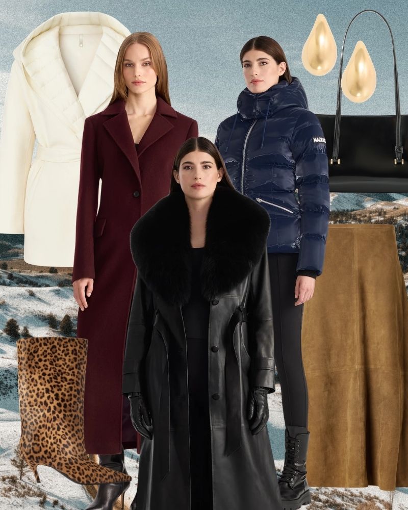 Mackage winter collection featuring burgundy wool and black leather coats%2C navy puffer jacket and chic accessories against snowy scenery