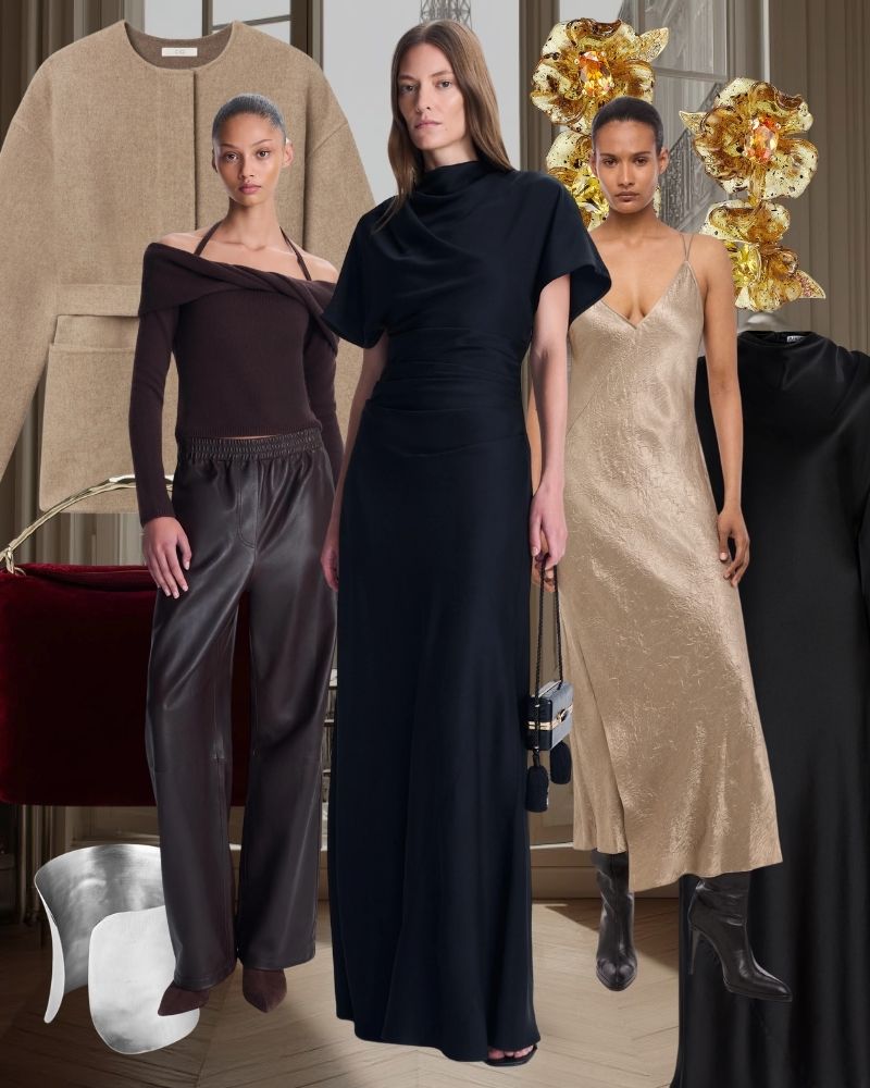 Luxury fall fashion collage featuring elegant dresses%2C a beige wool jacket%2C leather trousers%2C statement jewelry and designer handbags