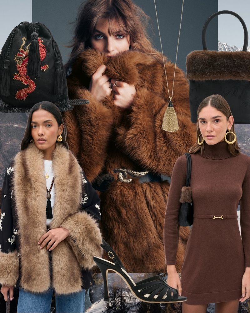 Rixo winter fashion edit featuring statement faux-fur coats%2C a brown knit mini dress%2C gold jewelry and evening accessories