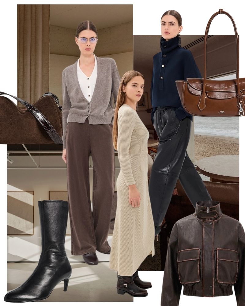 Women%27s fall fashion collage featuring neutral knitwear%2C leather trousers%2C brown handbags and black boots in chic layered looks