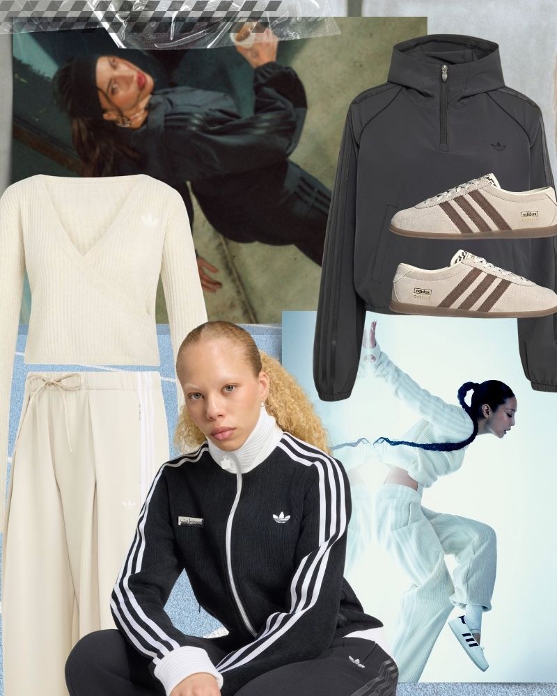 Adidas Originals fashion collage featuring black tracksuits%2C cream knitwear%2C a hooded jacket and retro sneakers