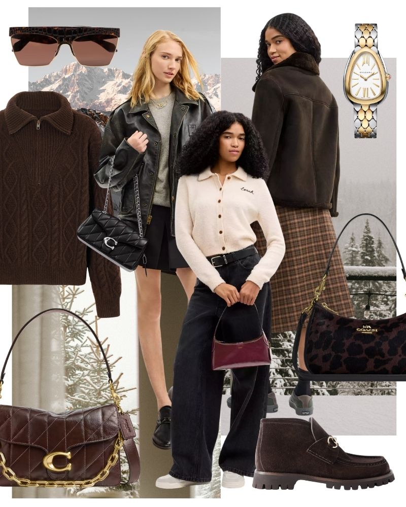 Coach winter fashion edit featuring leather jackets%2C knitwear%2C wide-leg jeans%2C quilted handbags%2C sunglasses and suede boots