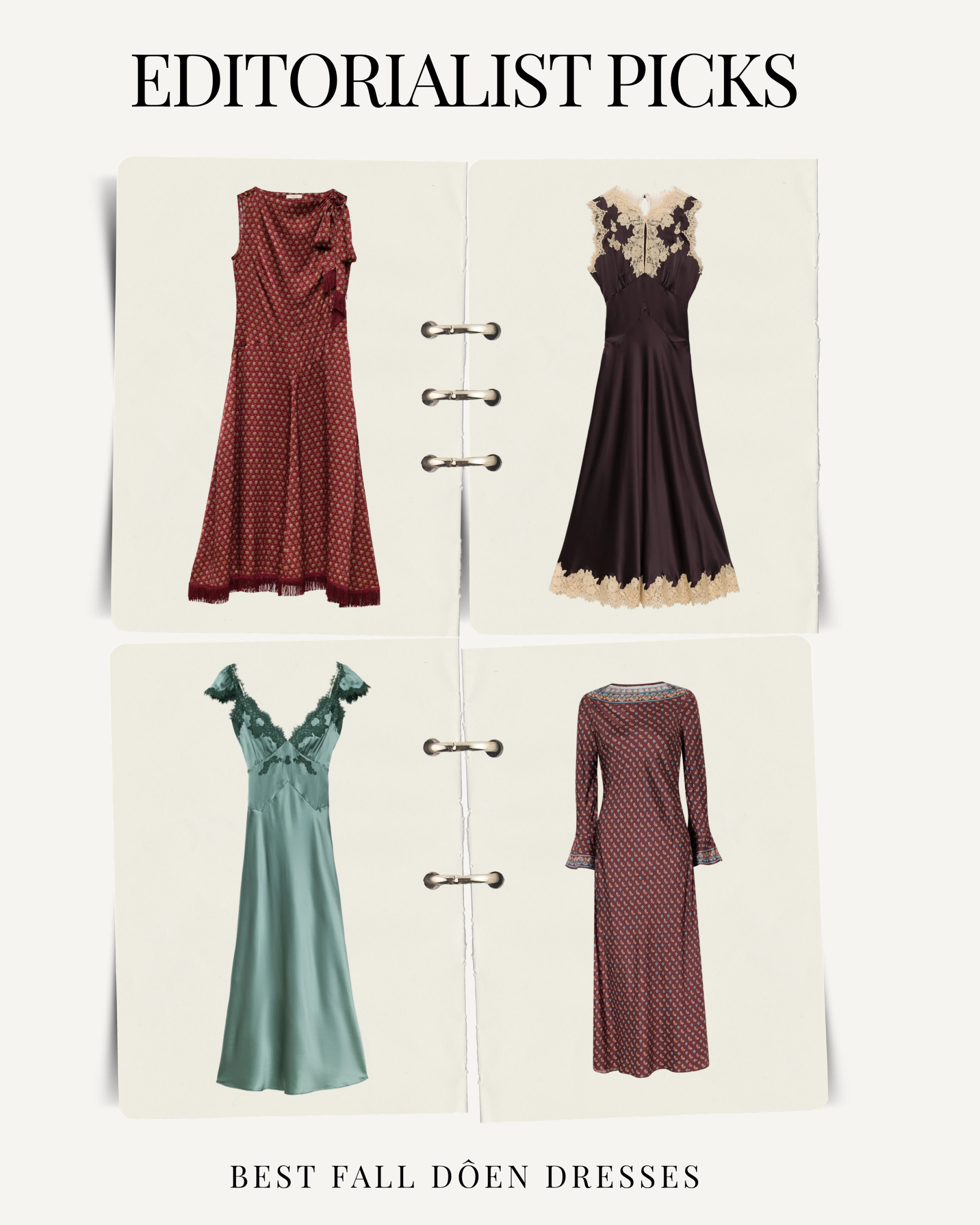 Four best fall D%C3%B4en dresses including a rust polka dot midi%2C black lace-trimmed slip dress%2C teal lace-trimmed satin dress%2C and long-sleeve patterned midi dress