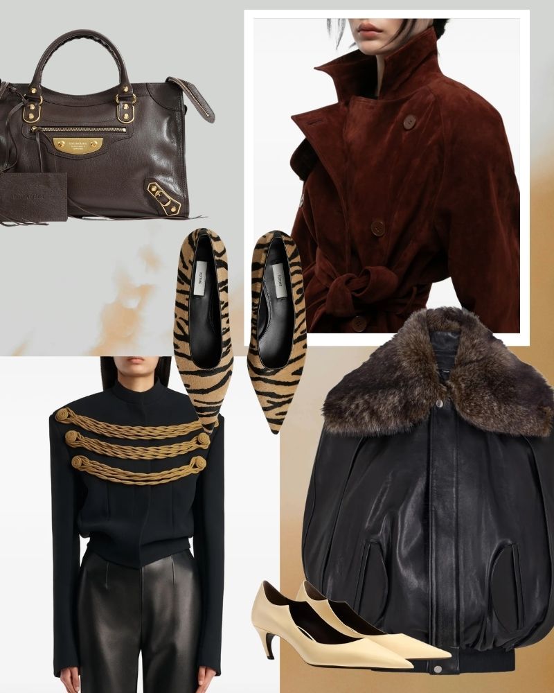 Farfetch fall fashion edit featuring a burgundy suede trench coat%2C leather handbag%2C tiger-print flats and fur-collar jacket