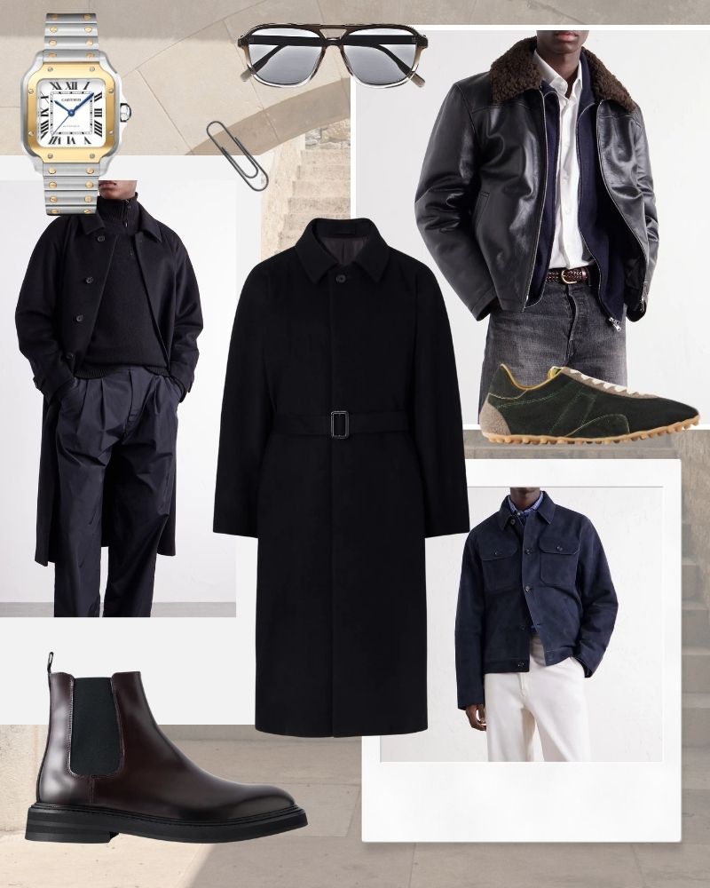 Men%E2%80%99s fall fashion collage featuring a black coat%2C leather jacket%2C Chelsea boots%2C Cartier watch and sunglasses