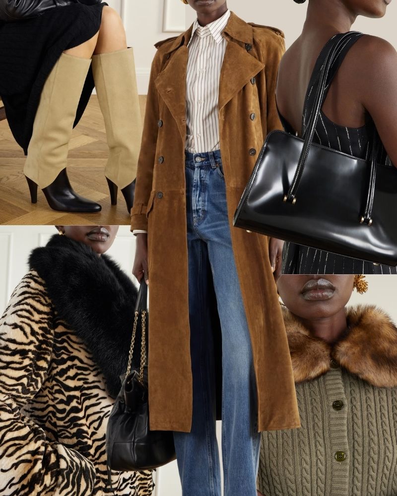Fall fashion collage featuring a brown suede trench coat%2C blue jeans%2C leather handbags%2C animal-print outerwear and tall boots