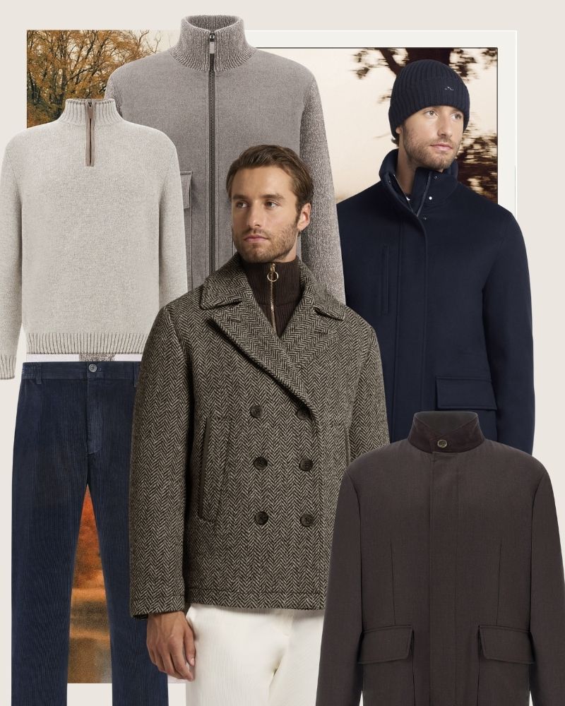 Men%E2%80%99s fall outfits featuring brown zip jackets%2C quarter-zip knit sweaters and neutral trousers in an autumn collage