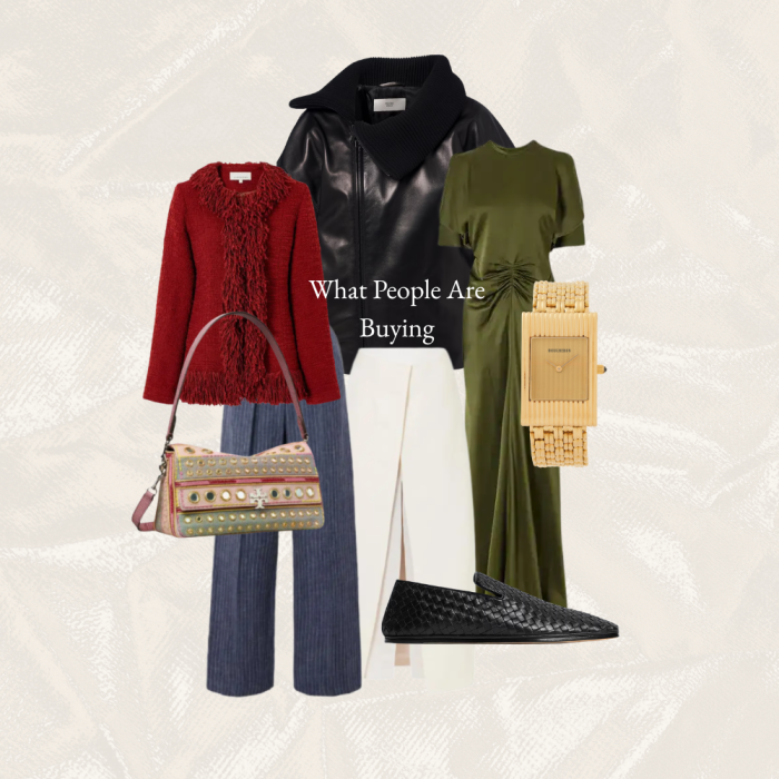 Chic fall style featuring a red textured jacket, black leather zip-up, olive green ruched dress, striped denim pants, and woven black loafers.