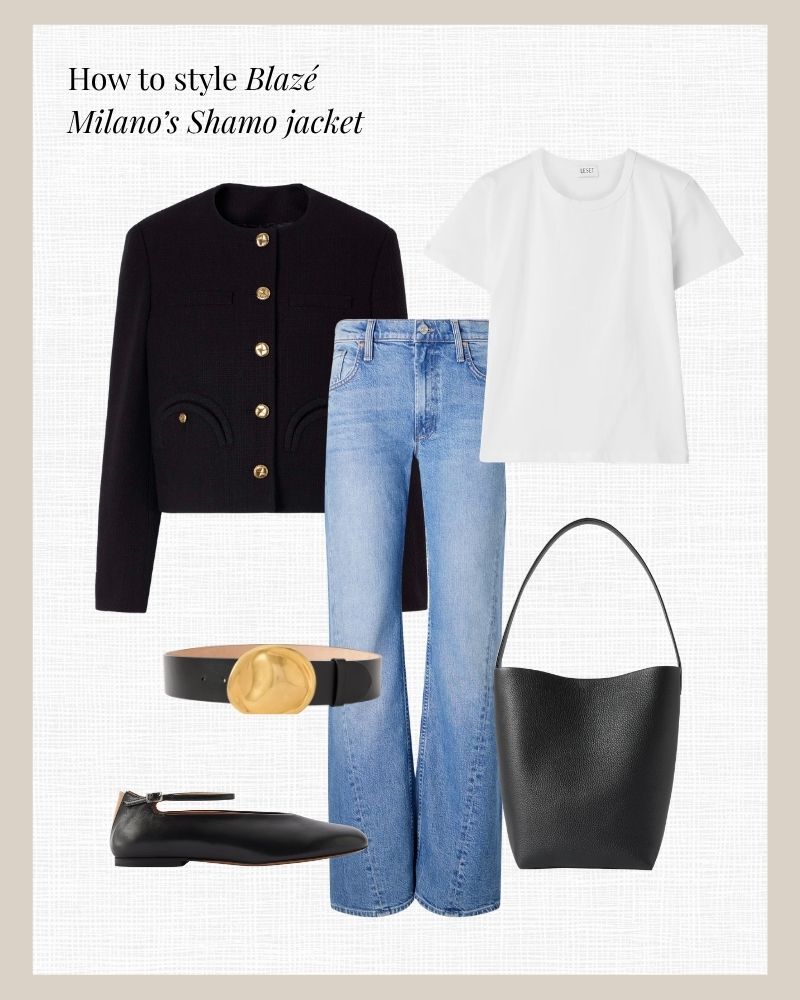 Blaze Milano Shamo jacket styled with a white tee%2C high-waisted jeans%2C a black belt%2C sleek flats%2C and a black handbag%2C perfect for day-to-night looks