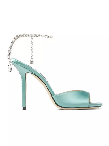 JIMMY CHOO - Saeda Sandal 100 Smoke Green Satin Sandals With Crystal Chain