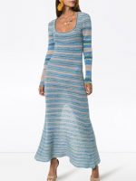 Jacquemus Dresses Striped Knit Maxi Dress Blue Pink on Model Slit