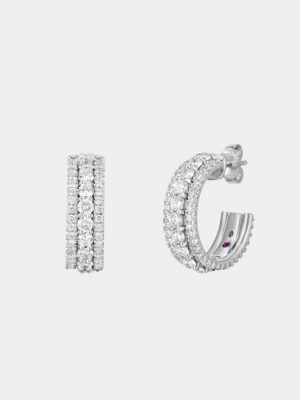 robertocoin 18K WHITE GOLD SIENA DIAMOND 3 ROW DIAMOND HOOP EARRINGS