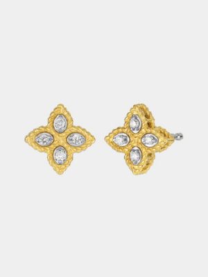 robertocoin 18K YELLOW_WHITE GOLD PRINCESS FLOWER SMALL DIAMOND STUD EARRINGS